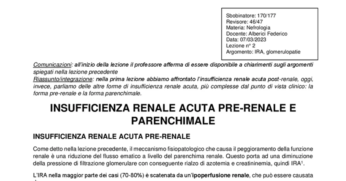 Insufficienza Renale Acuta Pre-renale e Parenchimale | Algor Library