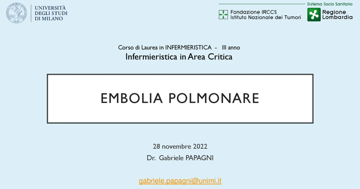 Embolia Polmonare, Università Studi Milano | Algor Library