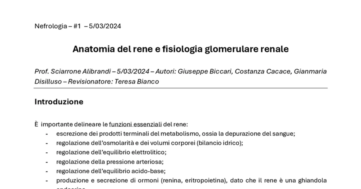 Anatomia Rene, Fisiologia Glomerulare | Algor Library