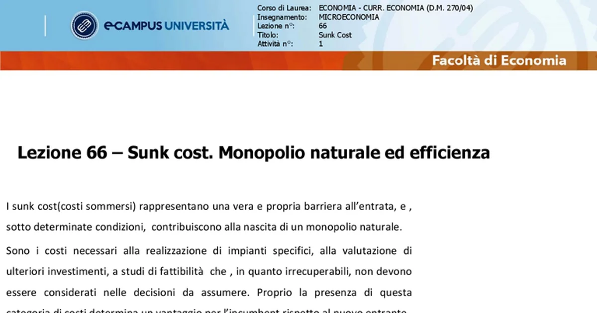 Sunk Cost, Monopolio Naturale, eCampus Università | Algor Library