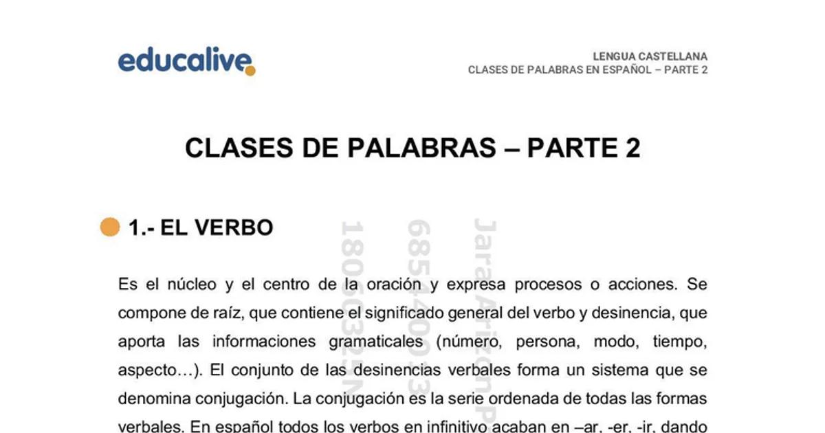 Clases de Palabras en Español, Educalive | Algor Library