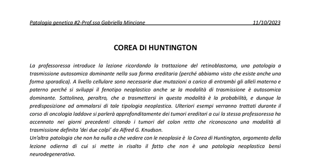 Corea di Huntington, Patologia Genetica | Algor Library