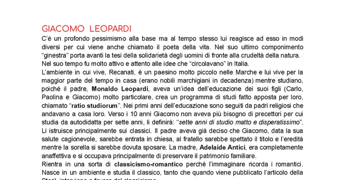 Giacomo Leopardi, Vita e Pensiero | Algor Library